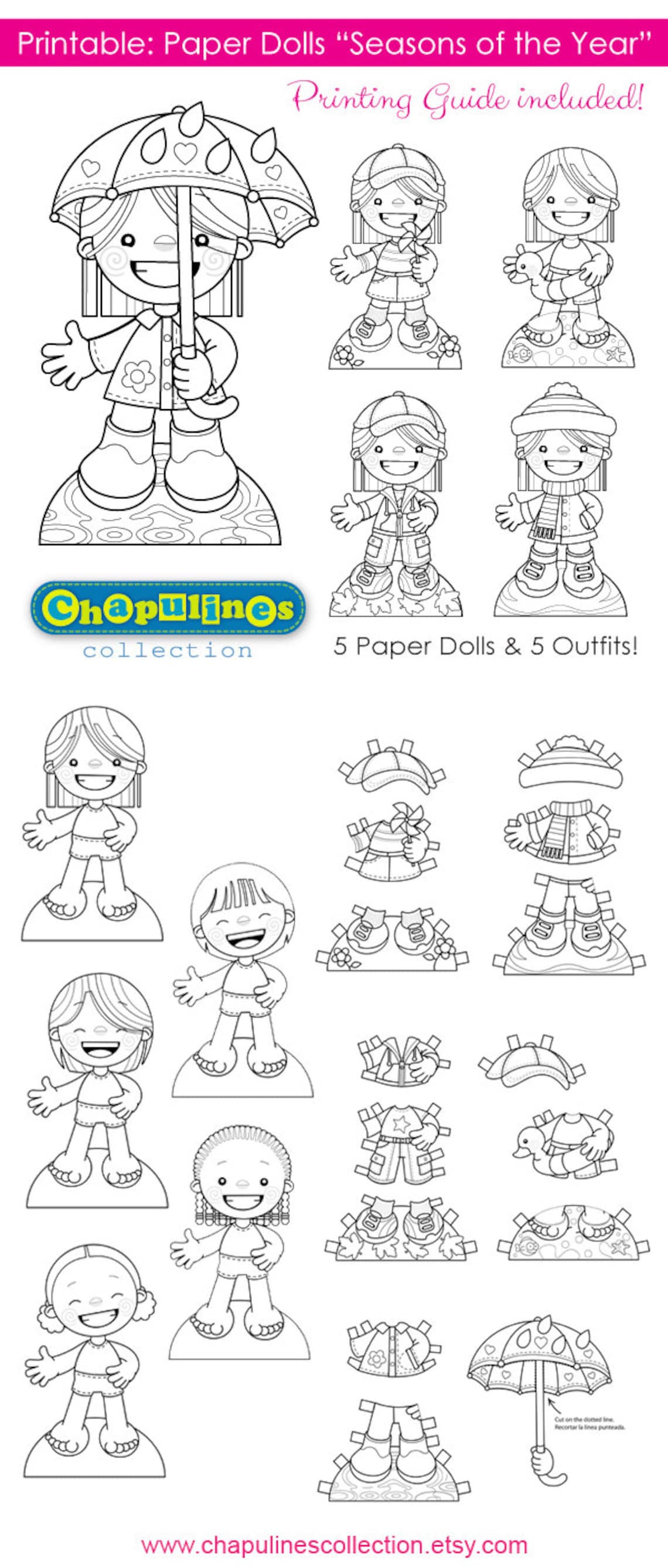 Paper Dolls Printable Seasons of the Year Girls B/W | Etsy