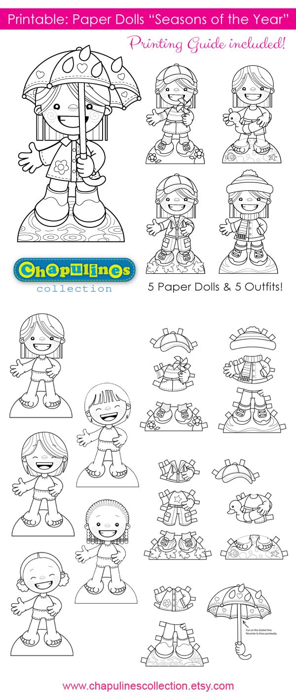 Paper Dolls Printable Seasons of the Year Girls B/W | Etsy