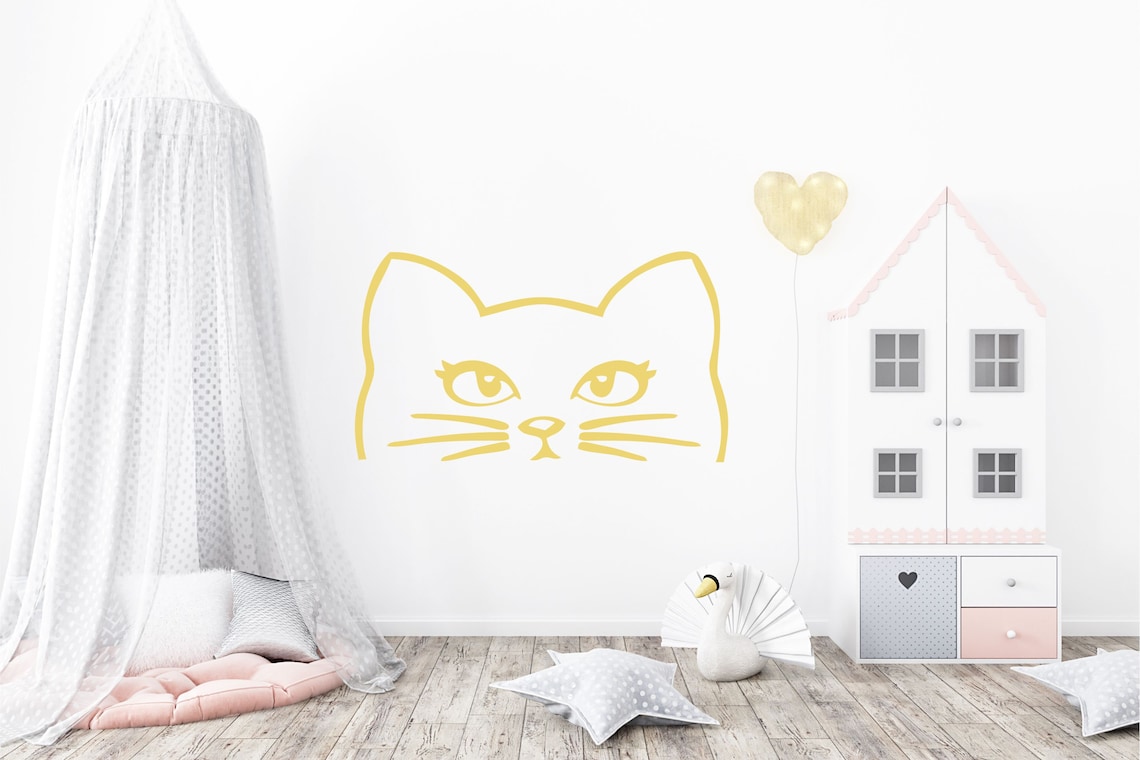Cute Cat Face Wall Decal Mural Art Big Kitty Kitten Theme Bedroom ...