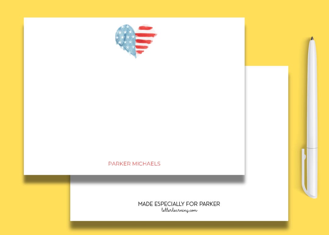 Custom American Flag Watercolor Heart Stationery | Personalized USA Red ...