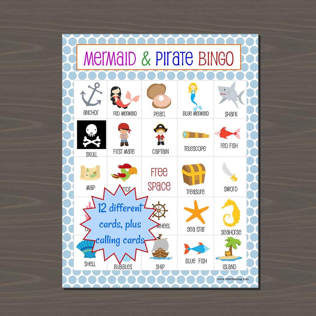 Mermaid & Pirate Bingo Game: 12 Printable Party Boards (digital ...