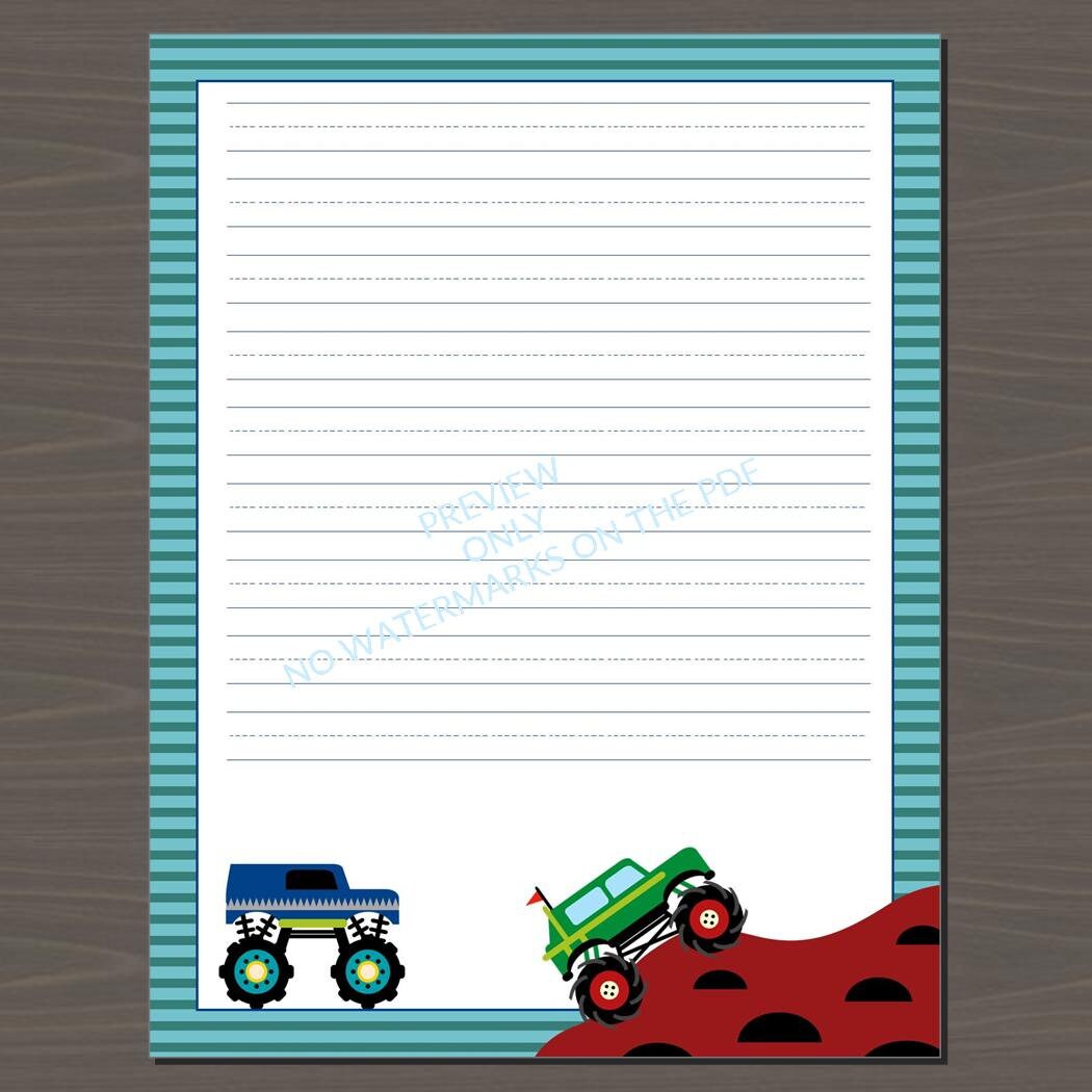 Lined Stationery Monster Truck Printable Paper, Stationery With Guide ...
