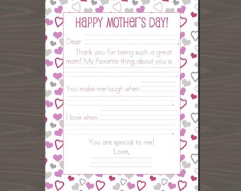 Mother's Day Fill in the Blank Note to Mom Template Printable PDF - Etsy