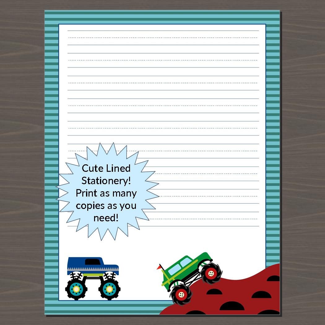 Lined Stationery Monster Truck Printable Paper, Stationery With Guide ...