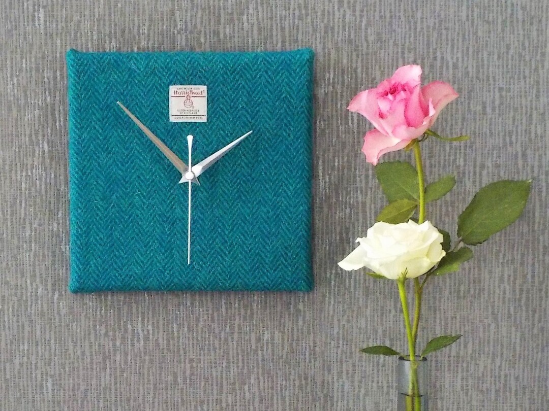 Harris Tweed Square Clock Teal Turquoise Herringbone Clock Handwoven ...