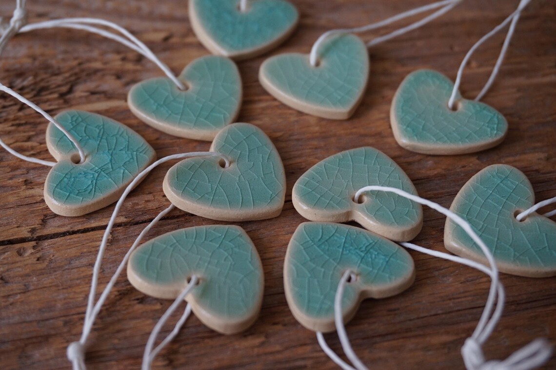 Ceramic Heart Gift Tags: Turquoise Blue Linen Pattern - Set of 10 - Etsy