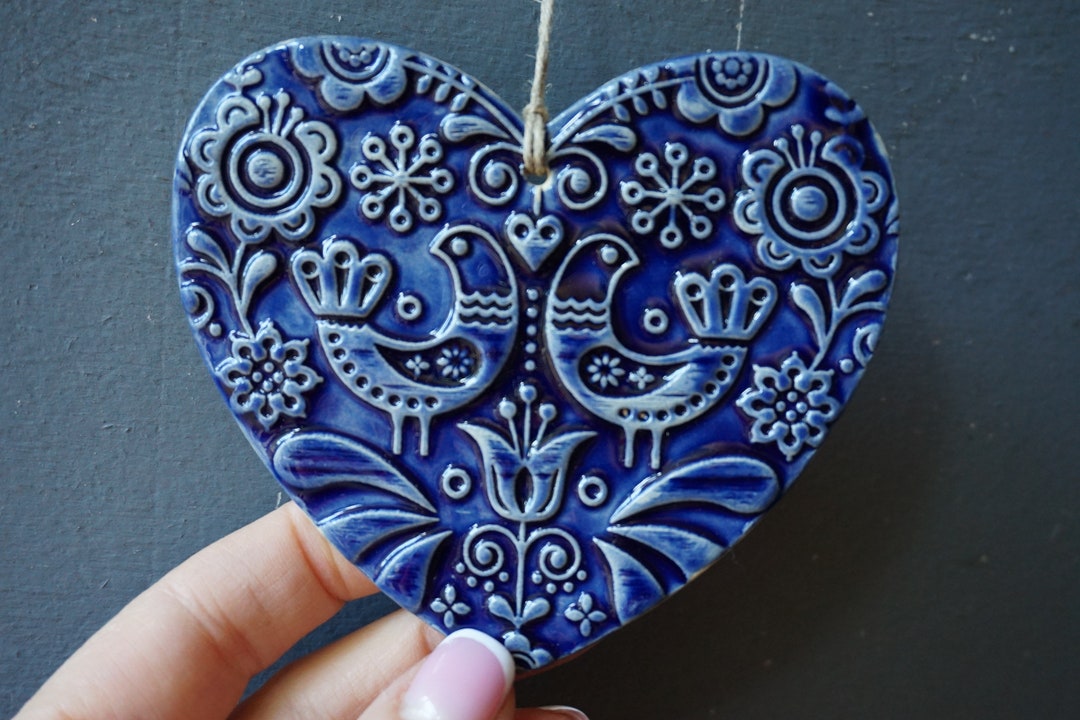 Blue Ceramic Heart / Scandinavian Ornament / Cobalt Blue Wall Sign ...