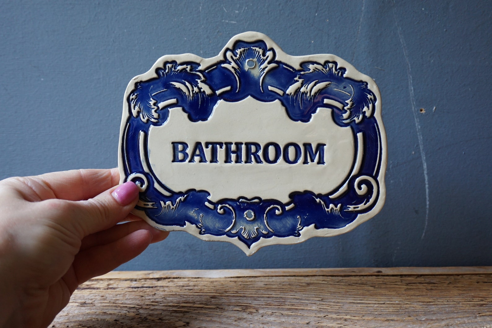 Vintage Style Ceramic Bathroom Sign: Cobalt Blue Glaze, WC Door Plaque ...