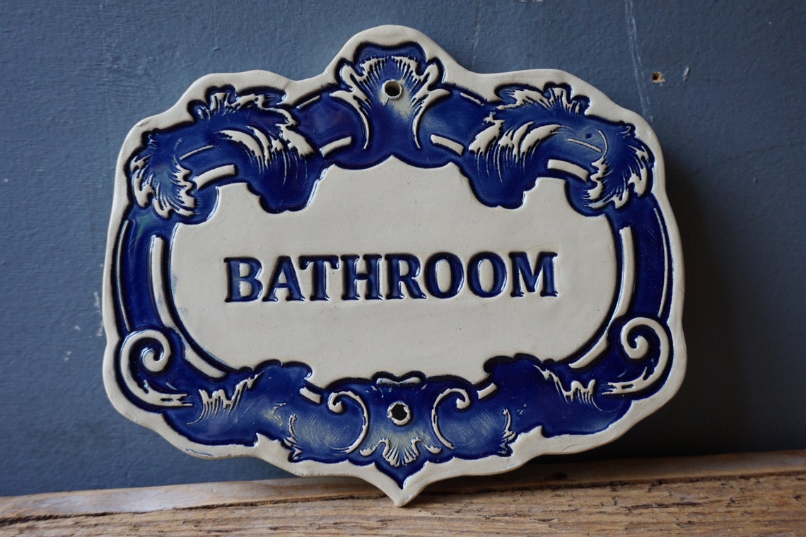 Vintage Style Ceramic Bathroom Sign: Cobalt Blue Glaze, WC Door Plaque ...