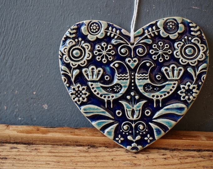Blue Ceramic Heart / Scandinavian Ornament / Cobalt Blue Wall Sign ...