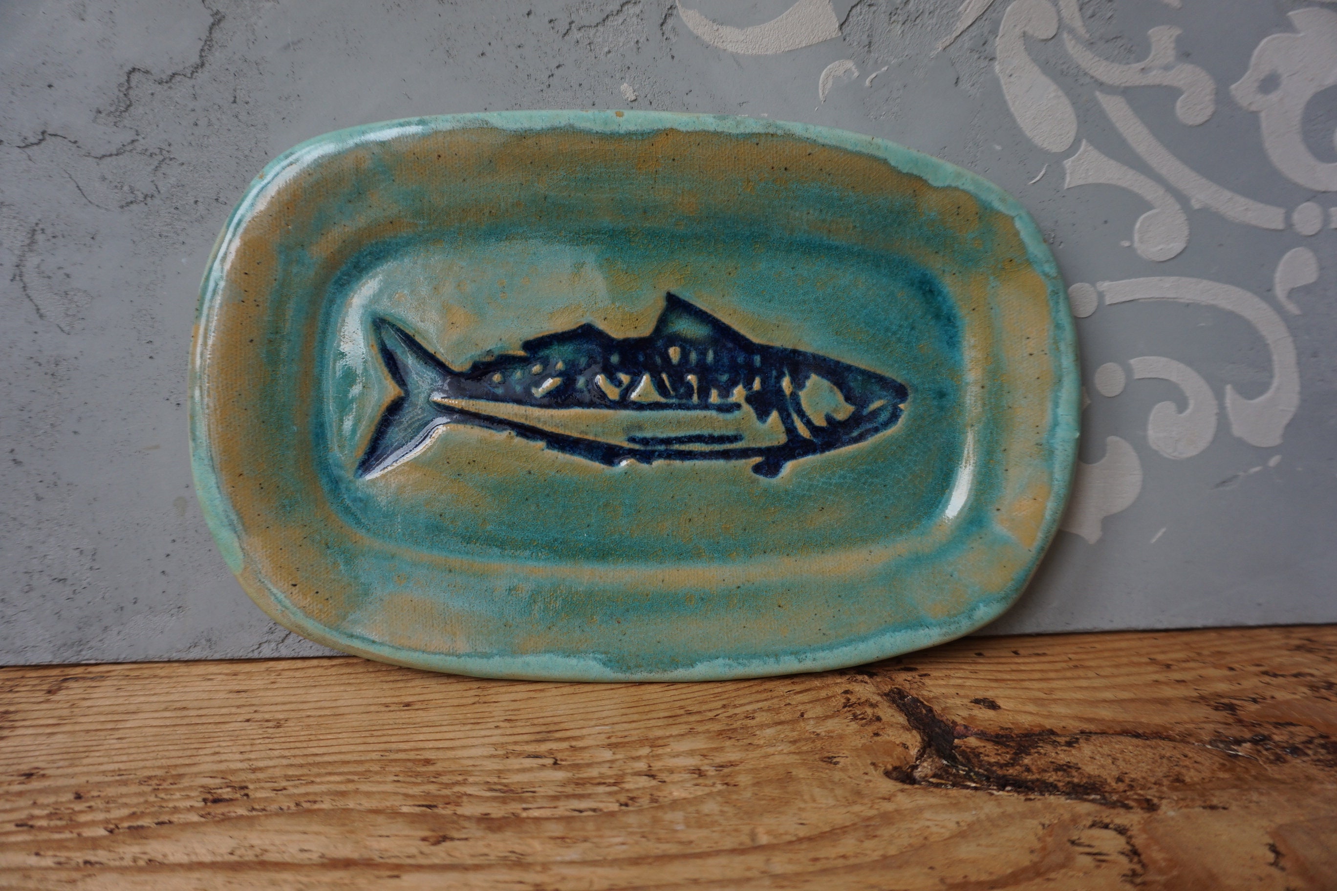 Turquoise Ceramic Plate With FISH / Blue Serving Dish / Serving Tray ...