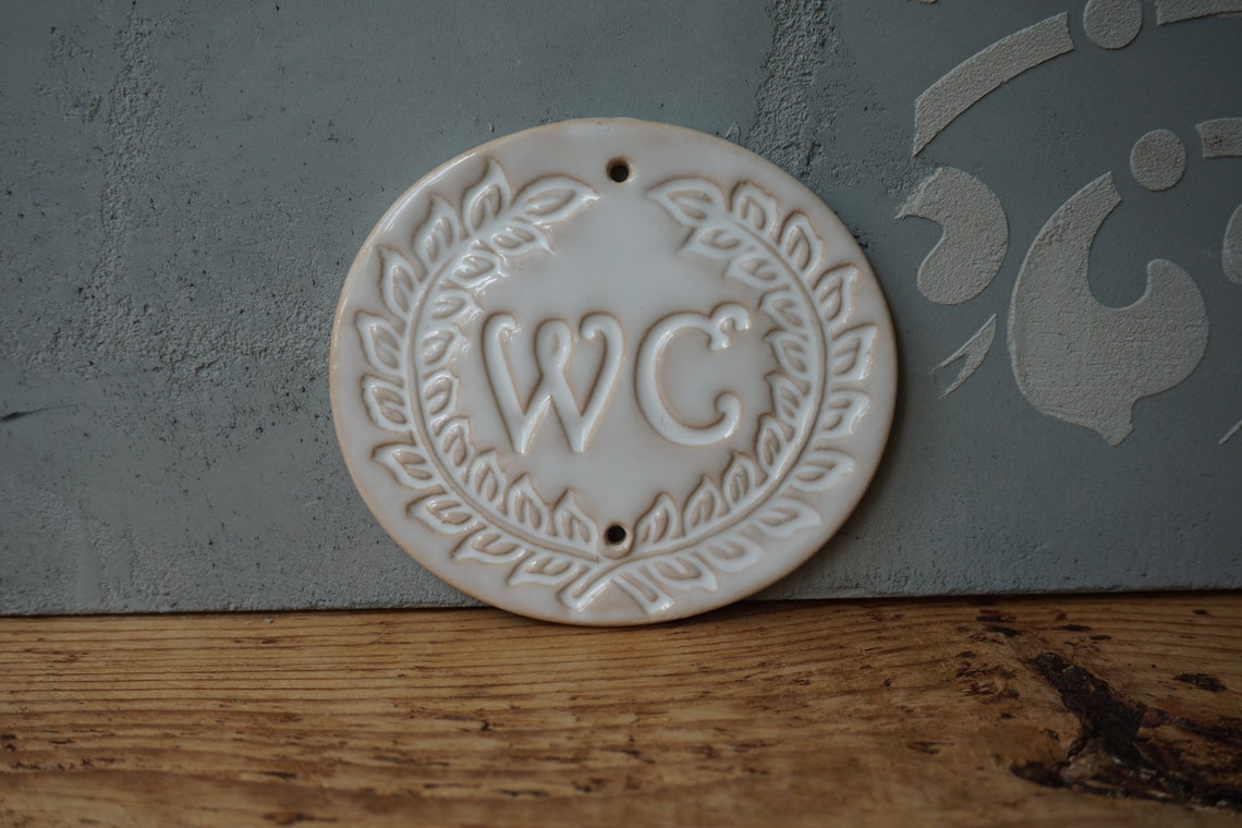 White Glazed Ceramic WC Sign - Bathroom Door Plaque - Etsy