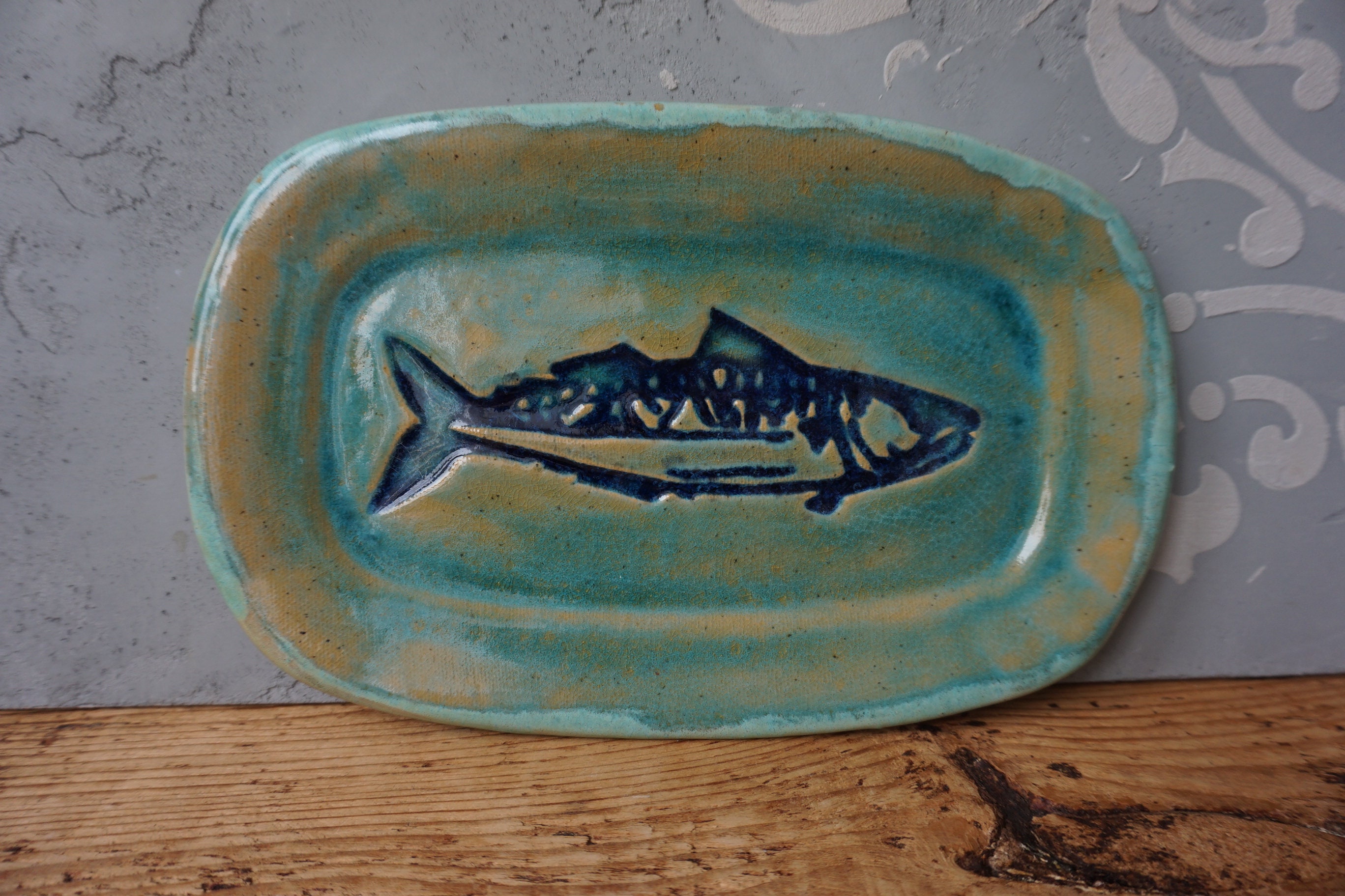 Turquoise Ceramic Plate With FISH / Blue Serving Dish / Serving Tray ...