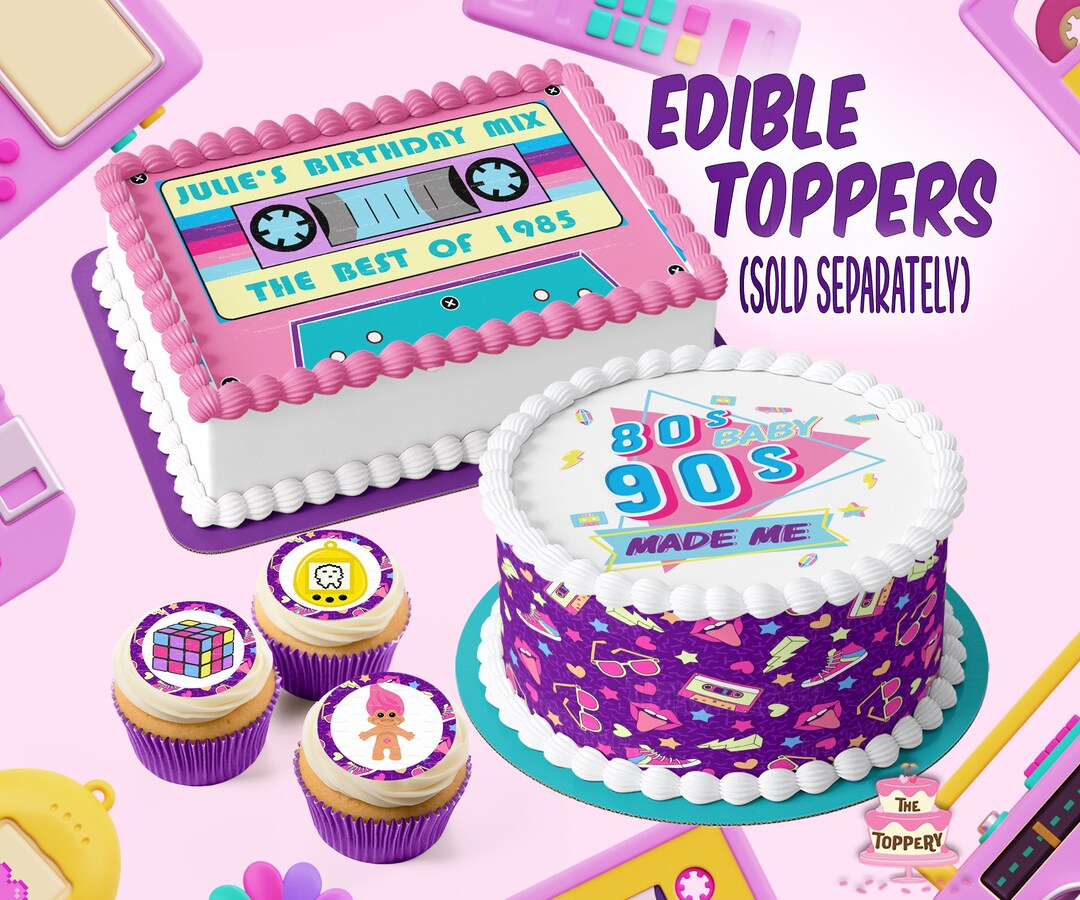 80's Baby Neon Retro Edible Toppers Round Rectangle 90's Mix Tape Cake ...