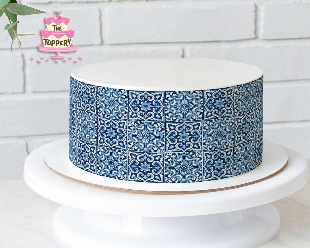 Blue Talavera Italian Tiles - Edible Cake Wrap Strips (4" Tall) - Icing ...