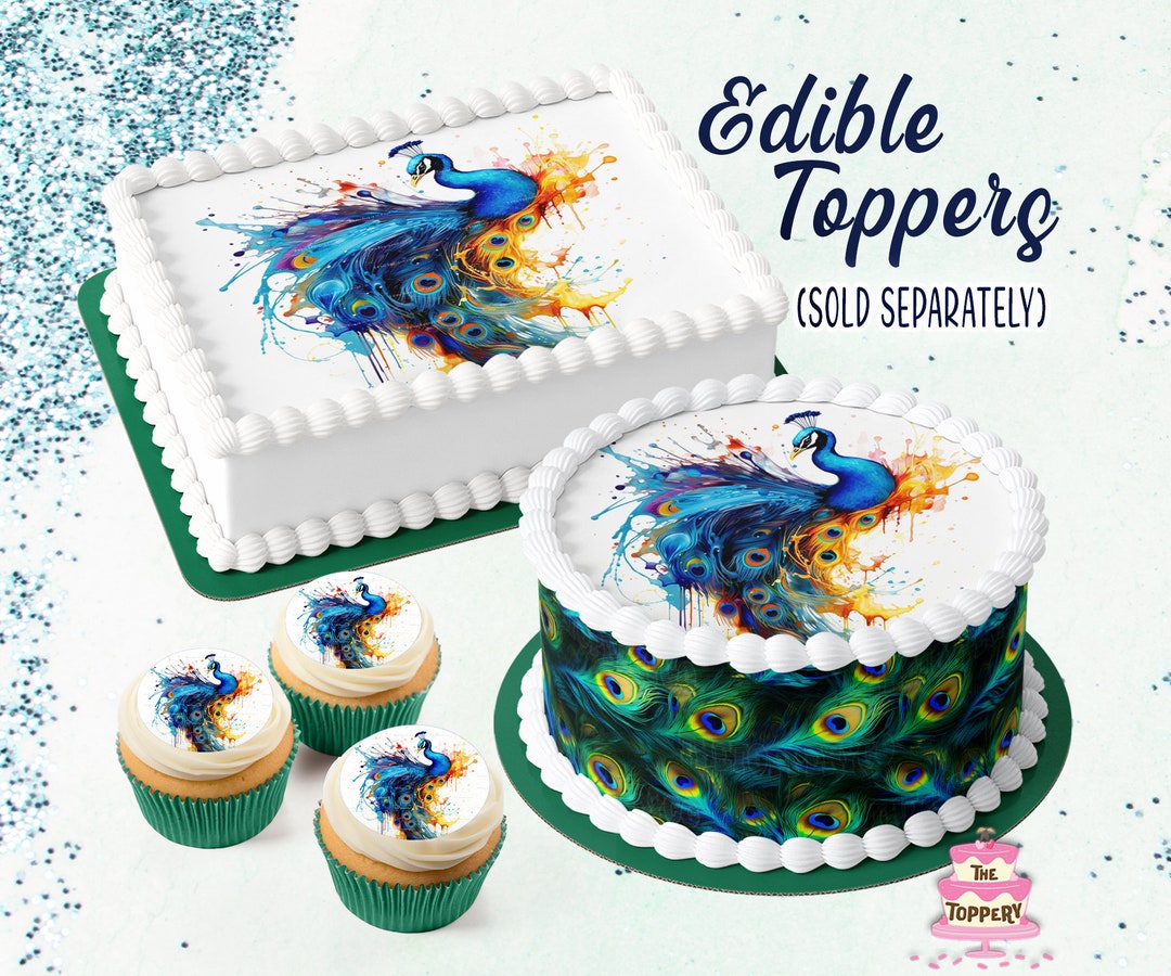 Fancy Peacock - Edible Toppers Round Rectangle Cake Wrap Cookie Cupcake ...