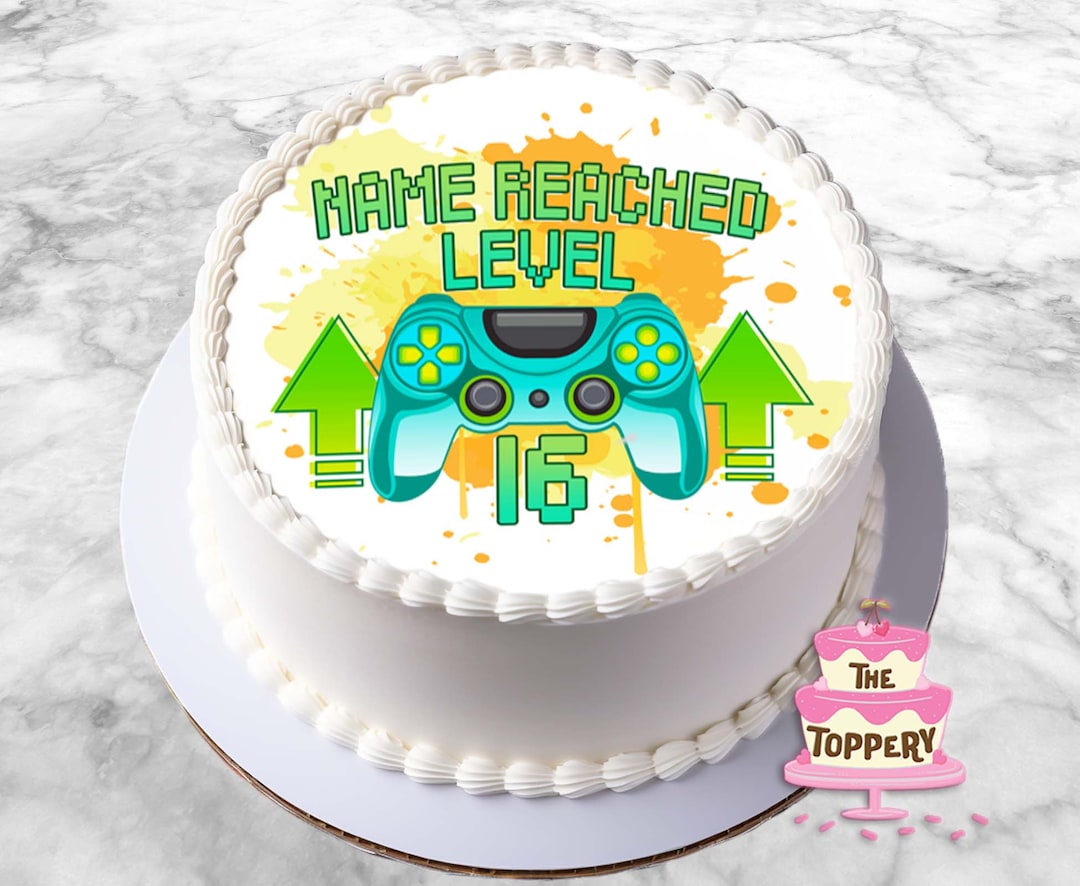 Level up Cake Topper - Edible Round Icing Image Sugar Sheet Video Game ...