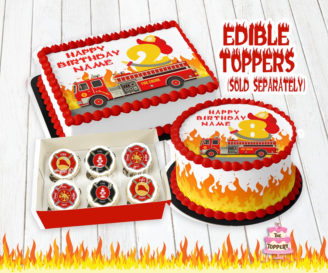 Fire Truck Edible Icing Matching Toppers – Firefighter Dessert ...