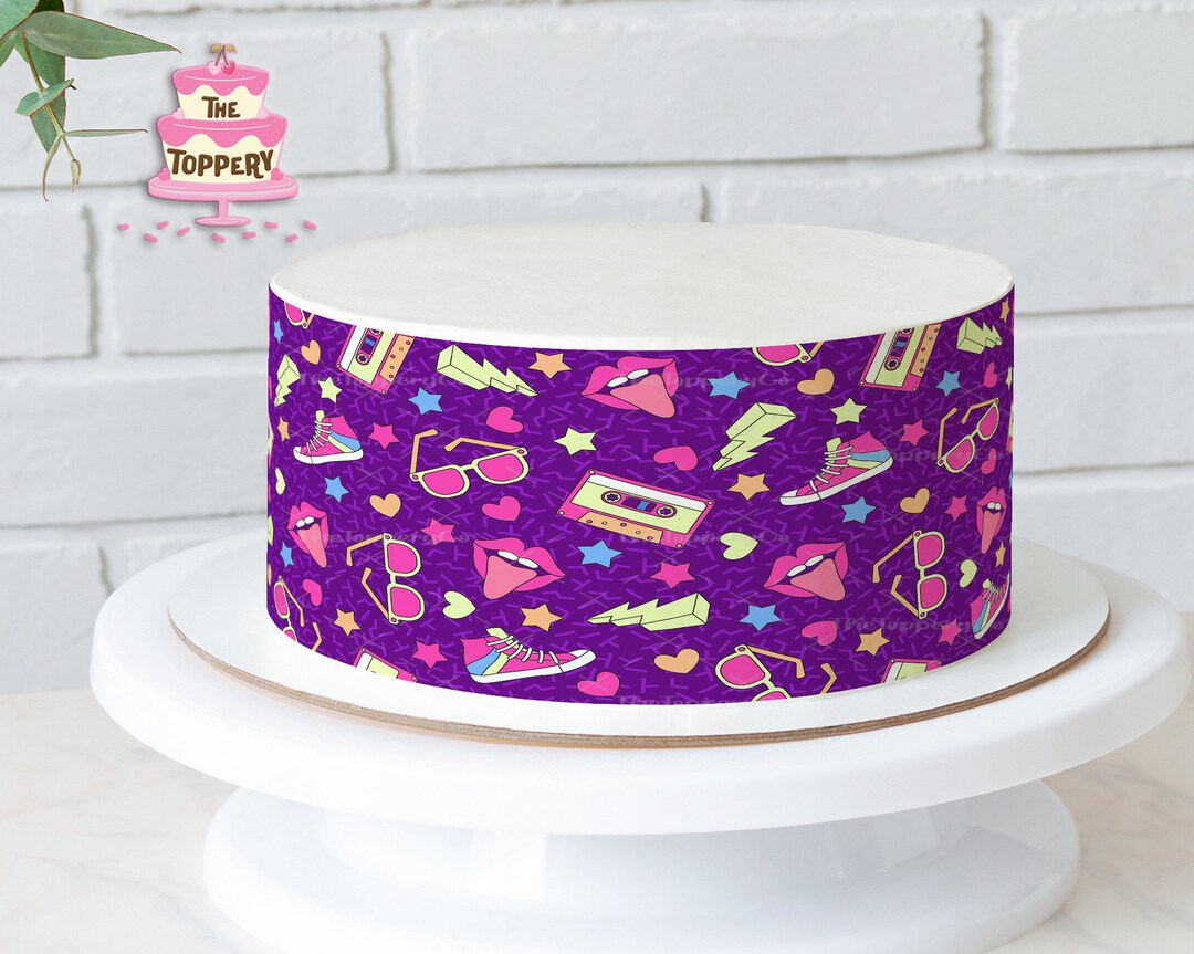 80's Throwback Neon Retro Seamless Pattern - Edible Cake Wrap Strips (4 ...