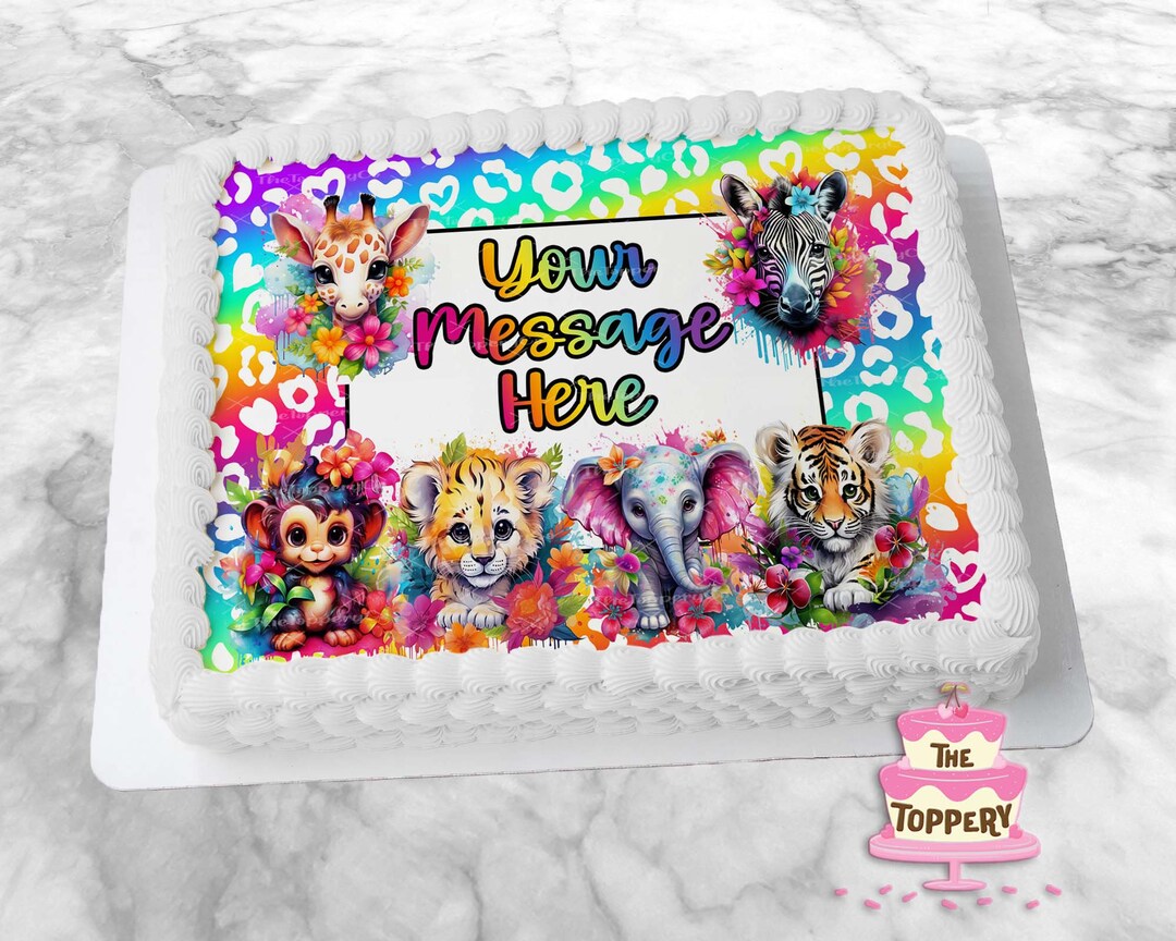 Neon Safari Animals Cake Topper Edible Rectangle Rainbow Leopard Icing ...