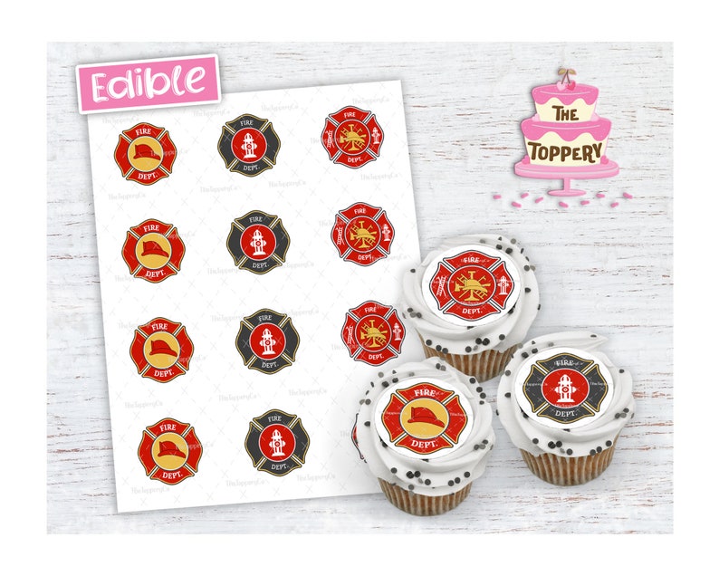 Fire Truck Edible Icing Matching Toppers – Firefighter Dessert ...