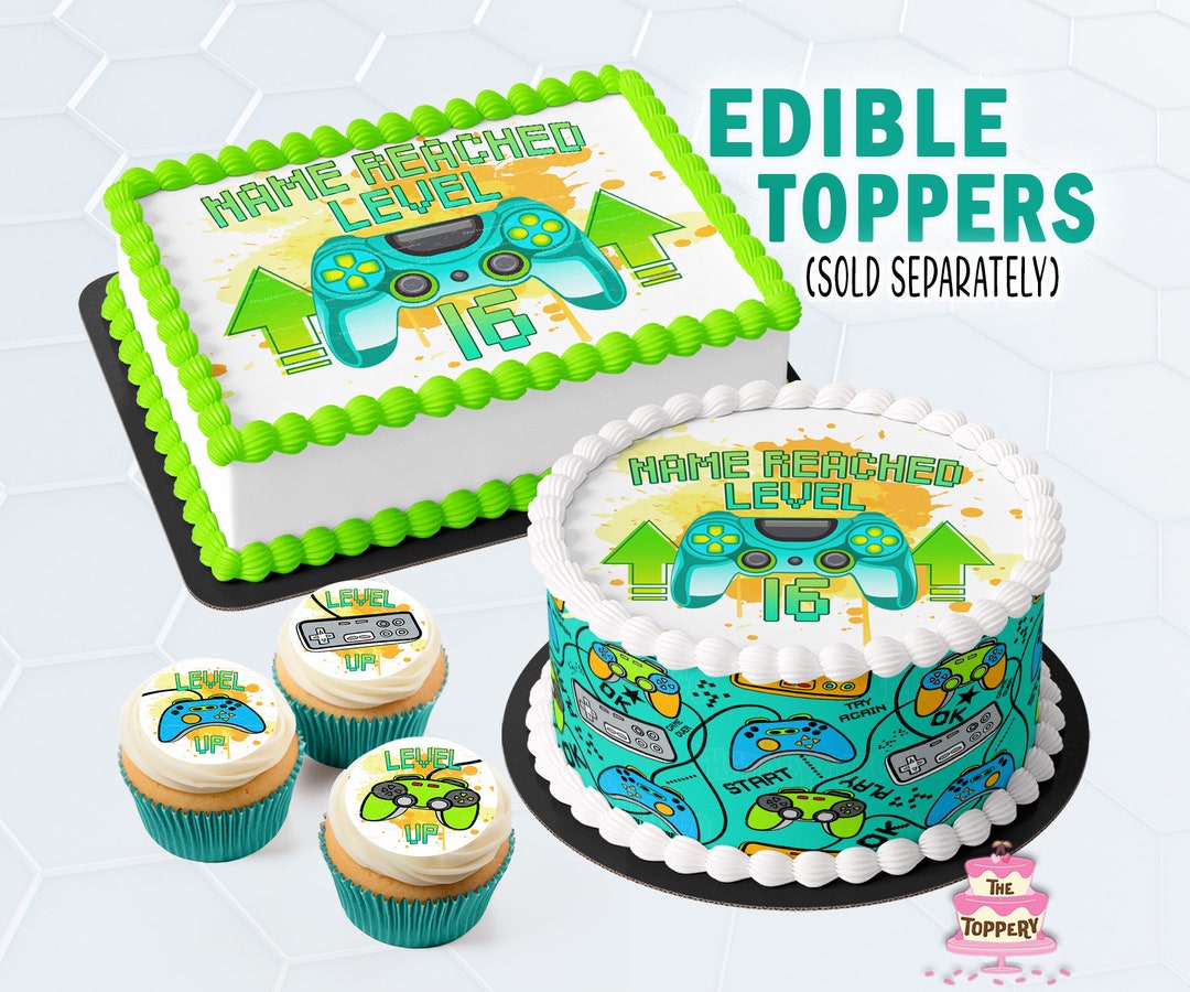 Level up Gamer - Edible Toppers Round Rectangle Cake Pop Wraps Cookie ...