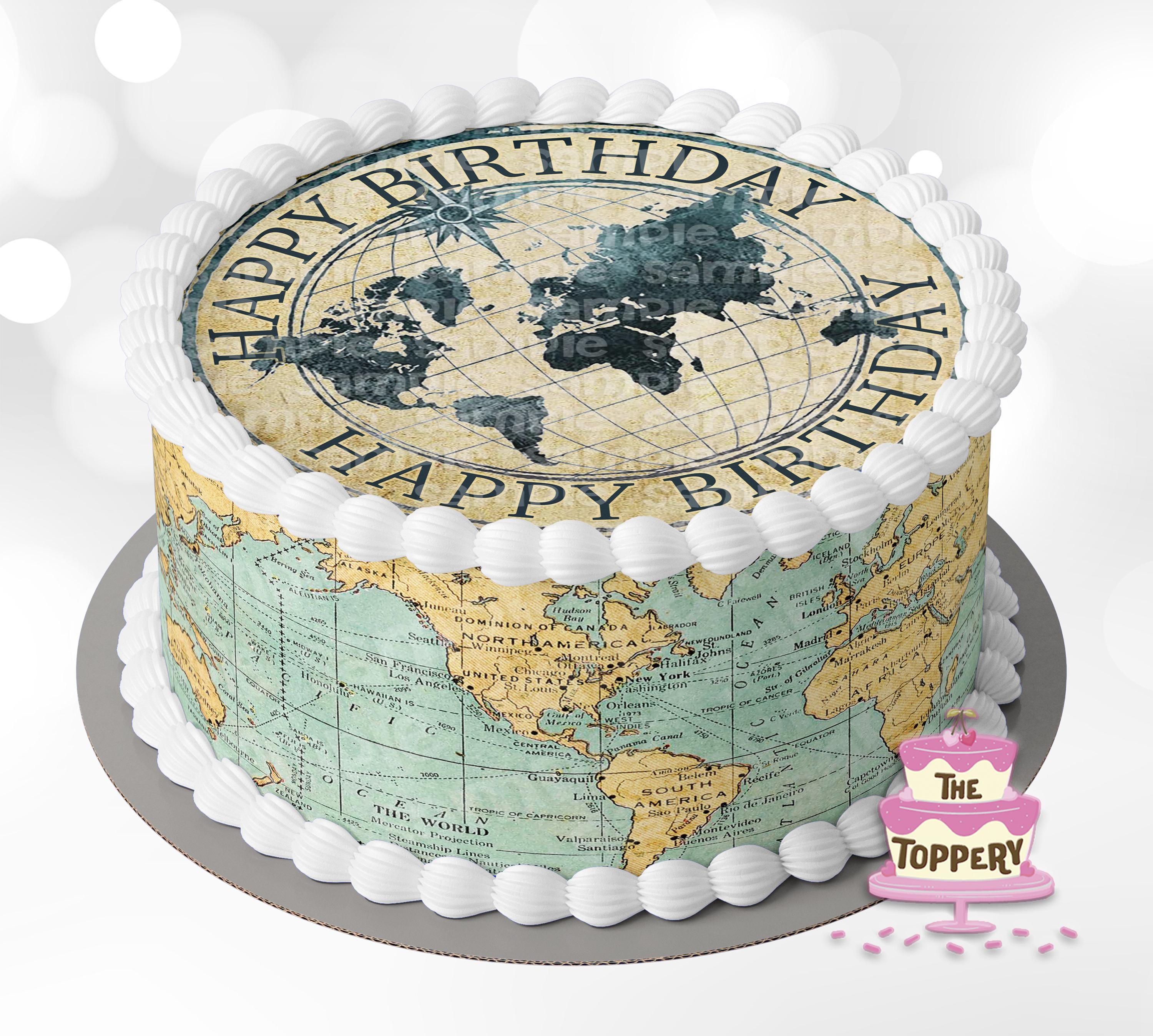 World Map - Edible ICING Round Cake Topper, Cake Wraps (4” Tall) or ...