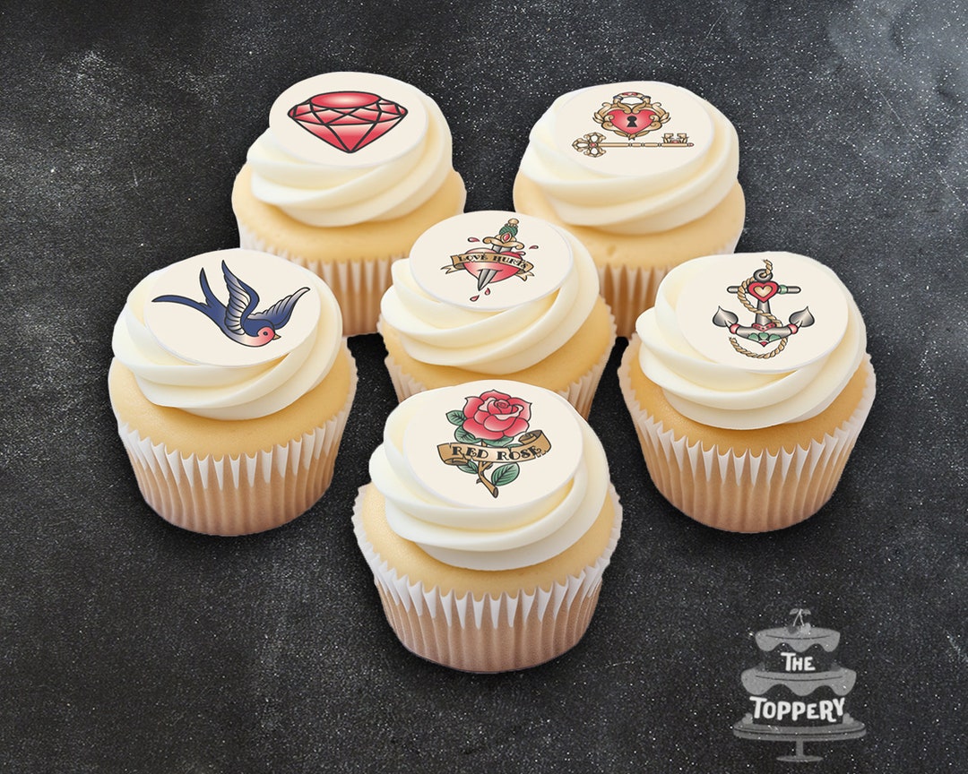 Traditional Tattoos Edible ICING Toppers, Precut, Tat-two, Cupcake ...