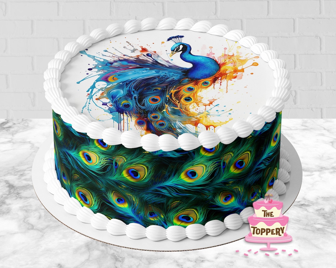 Fancy Peacock Feathers - Edible Round Cake Topper, Cake Wraps or Full ...