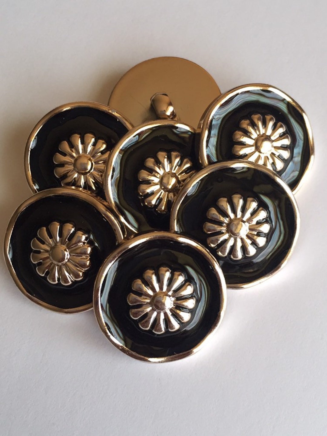 5 10 FLOWER BLACK GOLD 25mm Wide Shank Chain Buttons Sewing Craft Coat ...