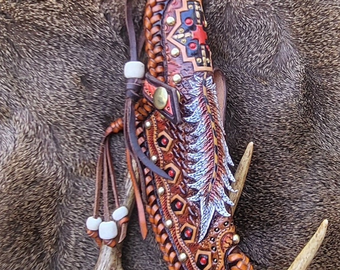 Hand Carved Leather Sheath With Native American Design With Rams Horn ...