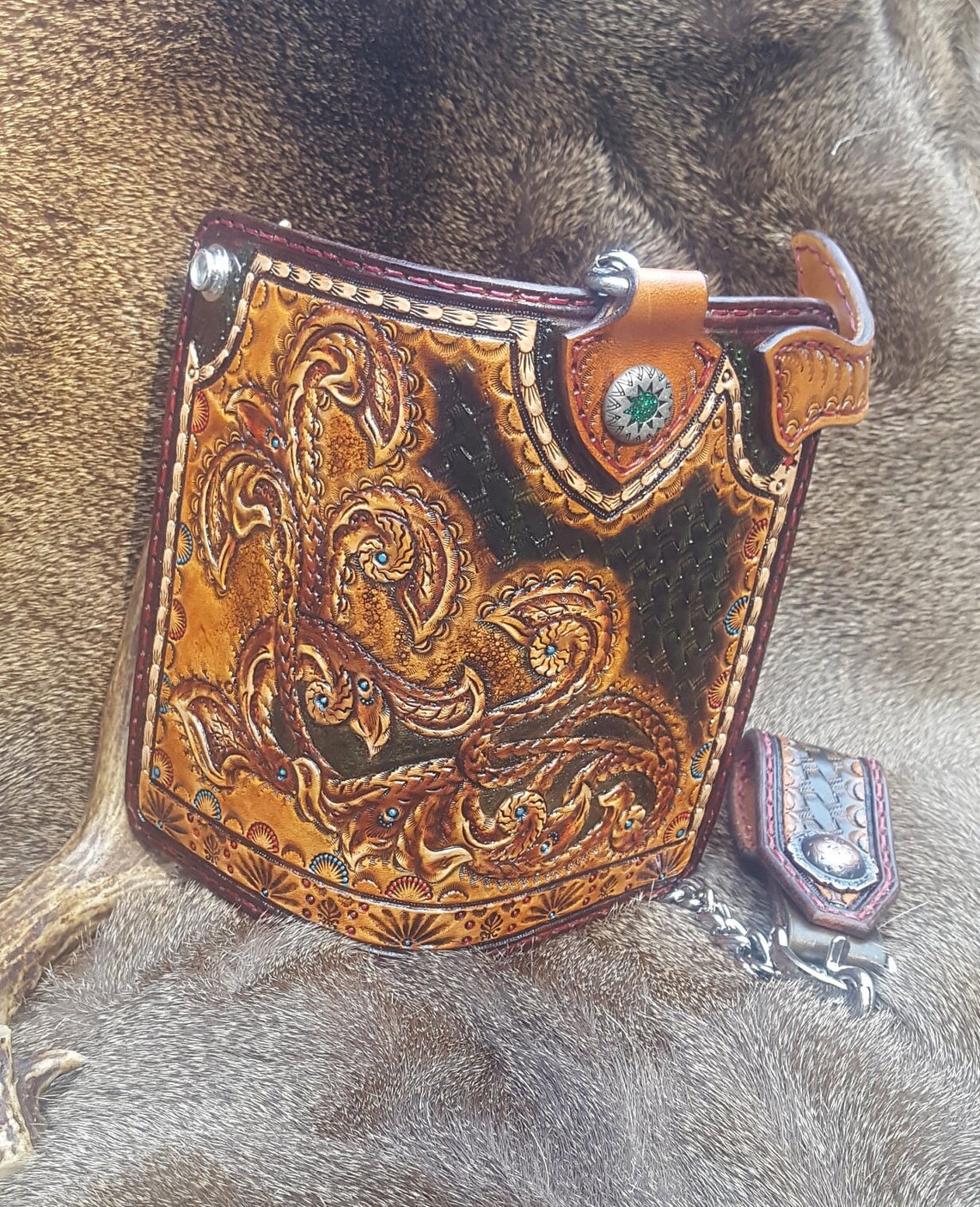 Leather Chain Wallet Western Style Leather Tooling | Etsy