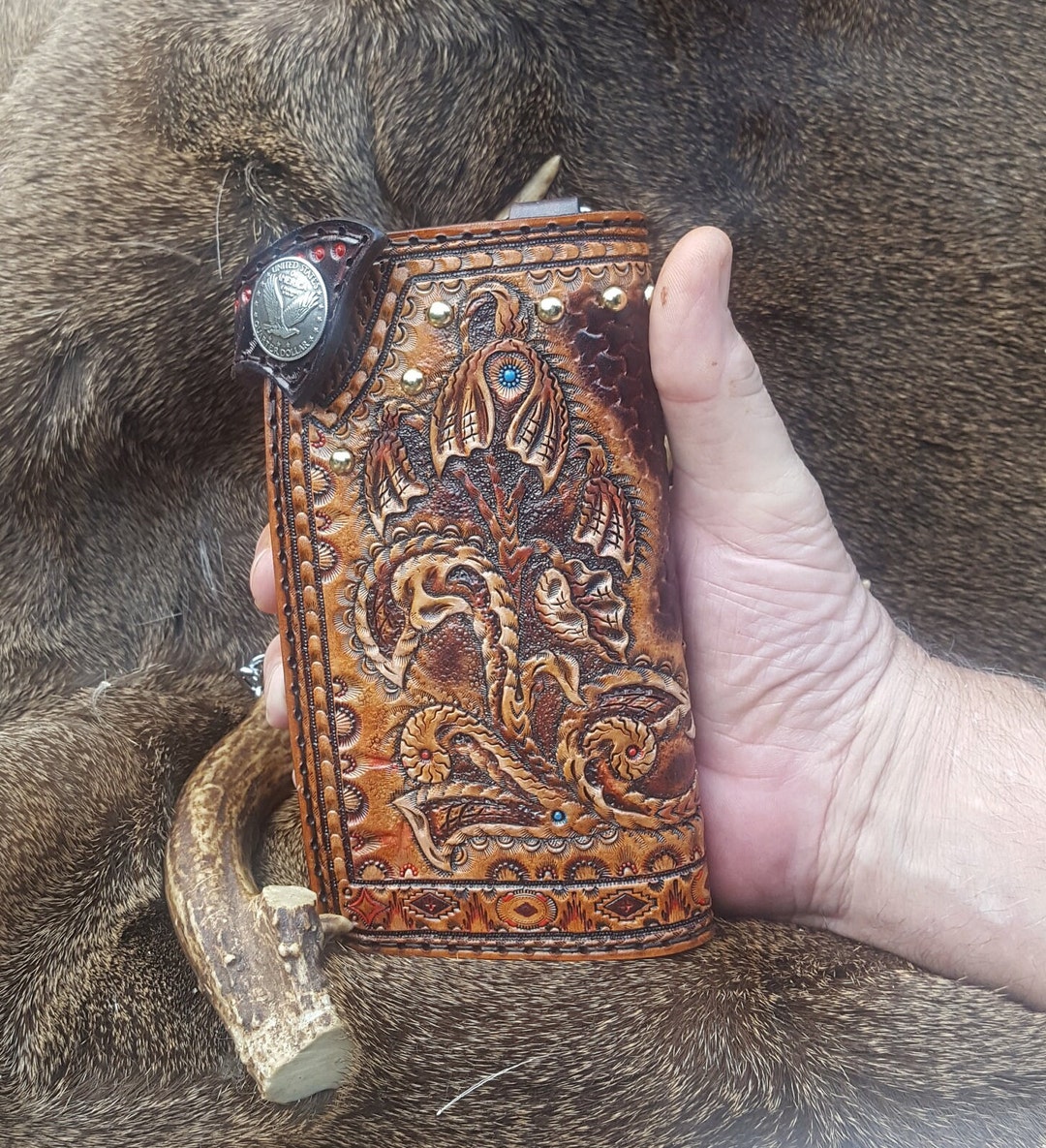 Leather Chain Wallet Western Style Leather Tooling - Etsy