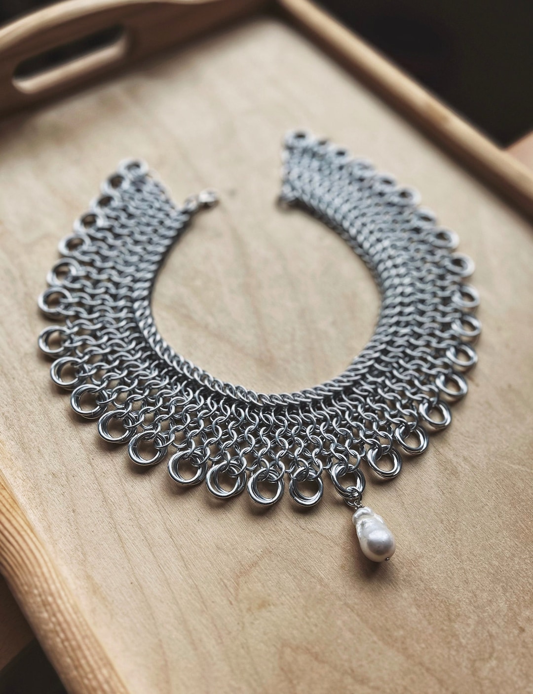 Chainmail Collar Necklace With a Pearl Pendant Statement Accessory- A ...