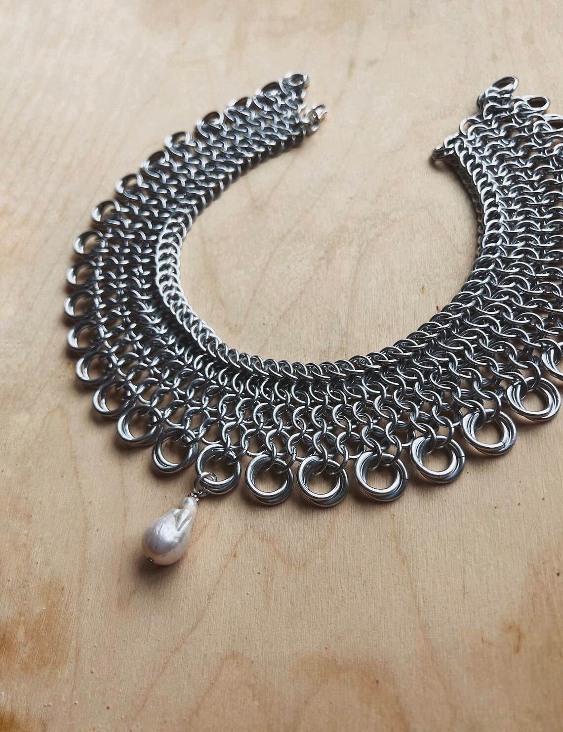 Chainmail Collar Necklace With a Pearl Pendant Statement Accessory- A ...