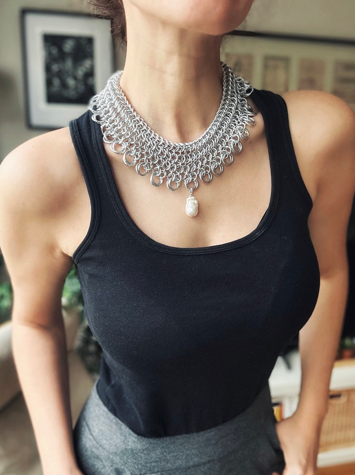 Chainmail Collar Necklace With a Pearl Pendant Surprise - Etsy