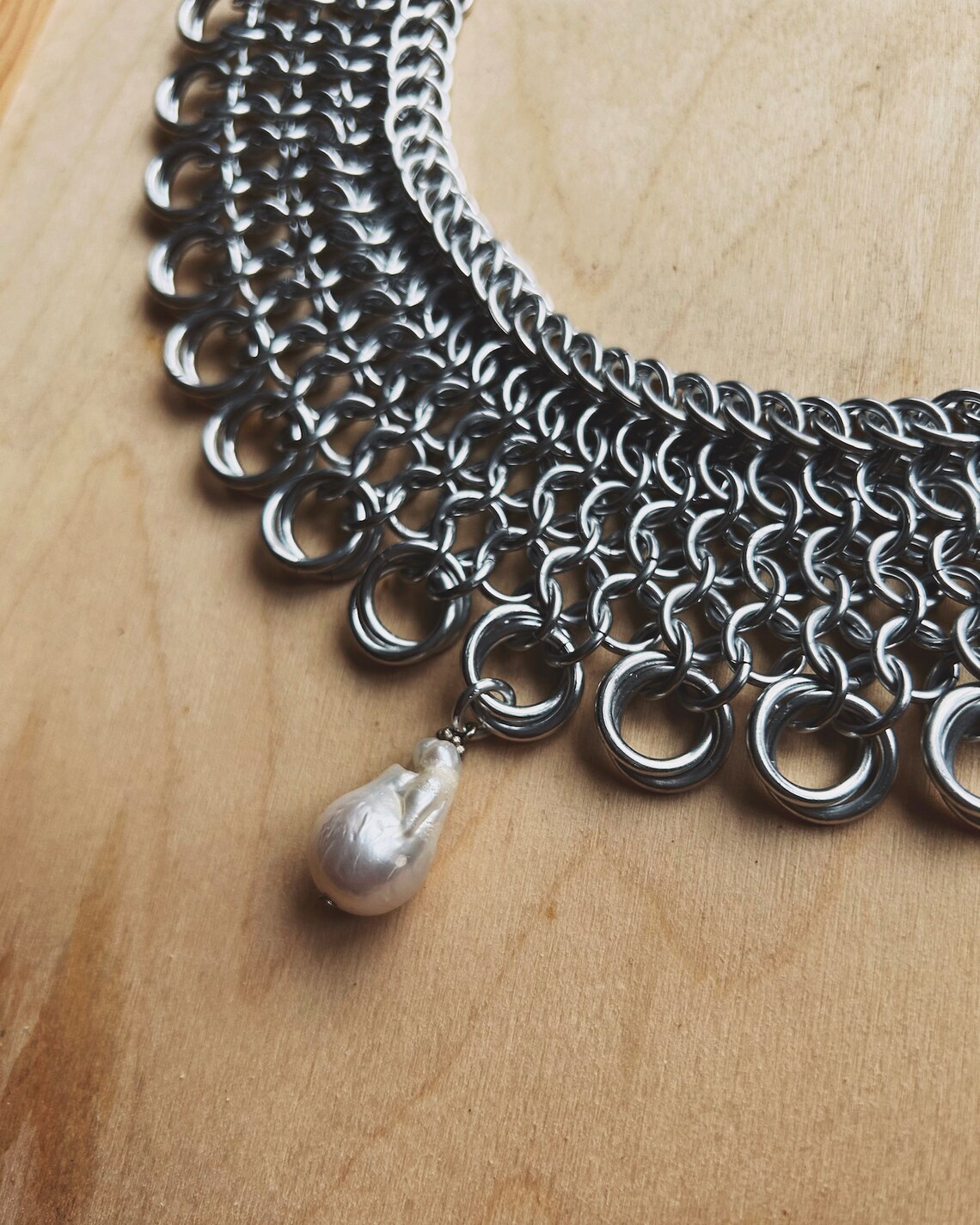 Chainmail Collar Necklace With a Pearl Pendant Statement Accessory- A ...