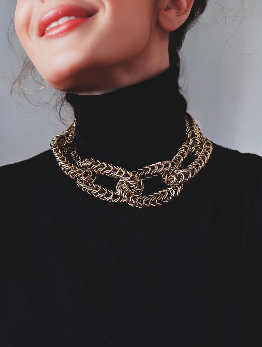 Handmade Antique Gold Chainmail Necklace: Mega Chain Statement Jewelry ...