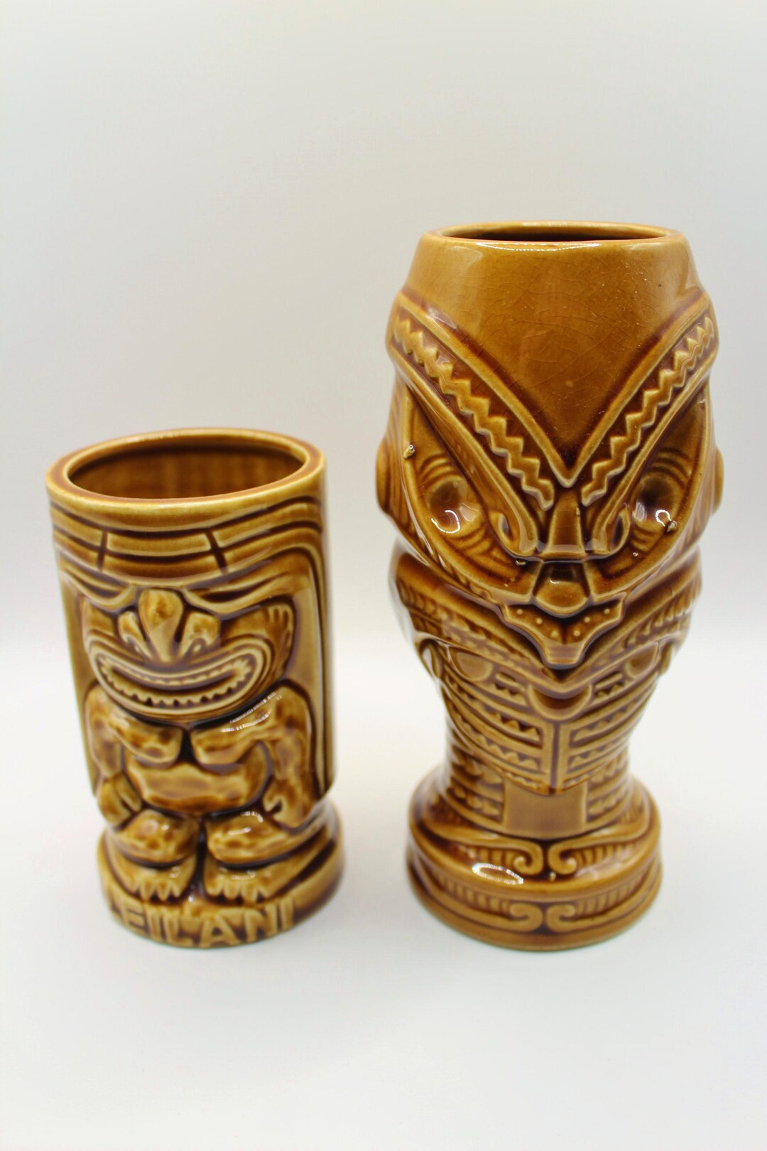60's Vtg Orchids of Hawaii 2 Tiki Mugs Tattooed Headhunter Maori Marked R-1 Japan- Smaller ...