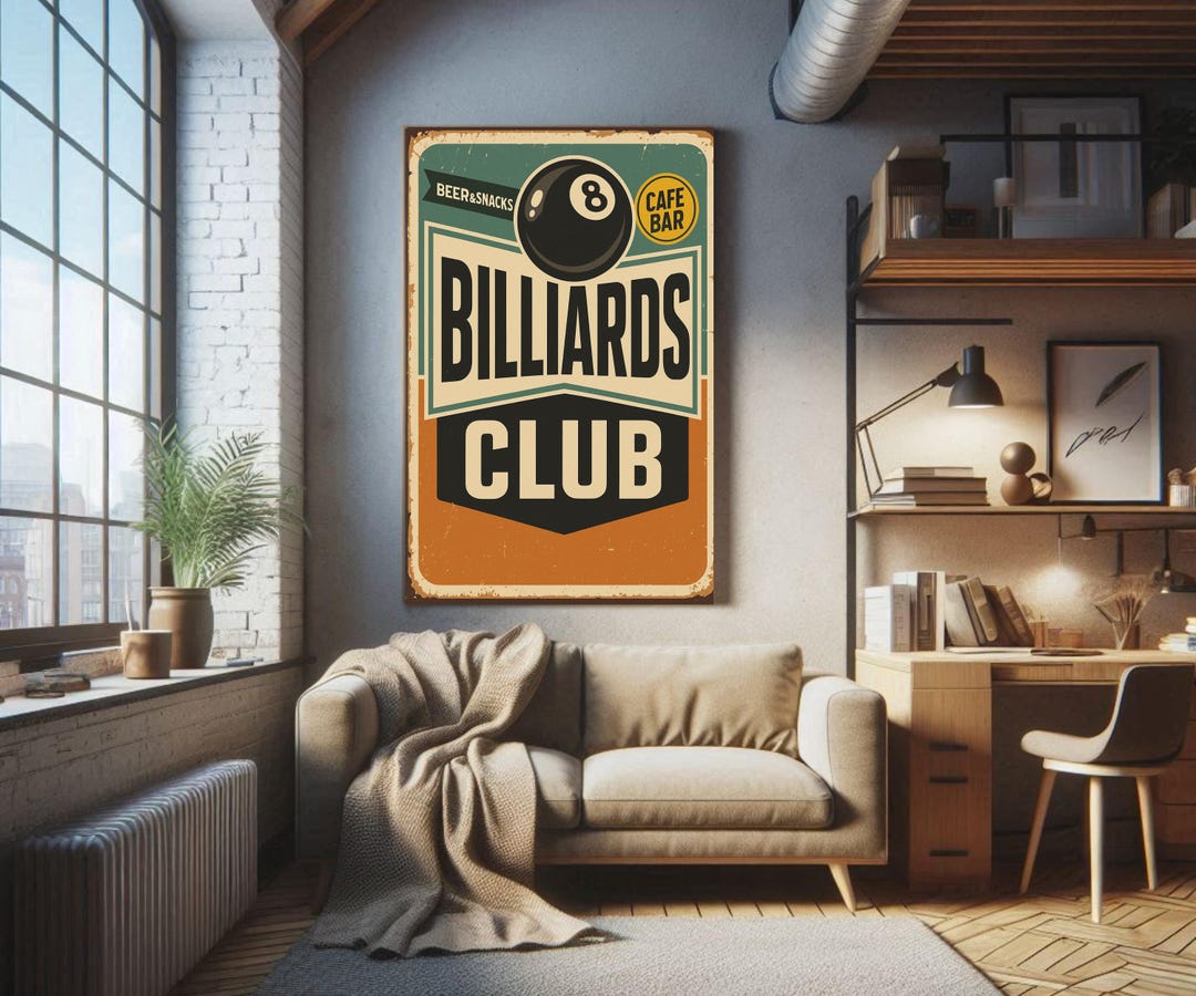 Retro Billiards Club Sign Printable Wall Art Poster– Vintage Pool Hall ...