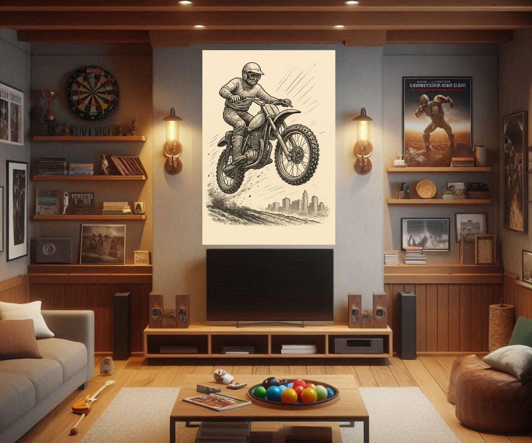 Vintage 1970s Motocross Racing Retro Dirt Bike Jump Drawing Digital ...