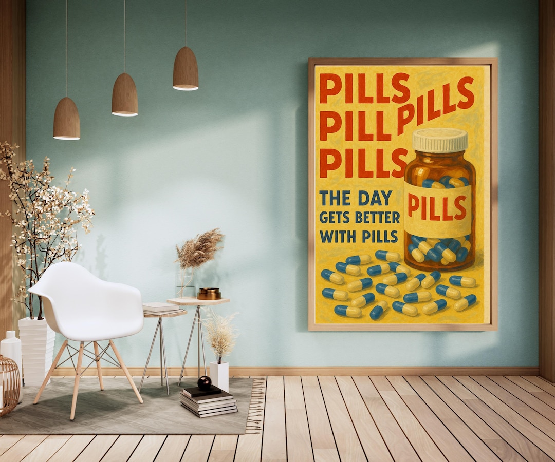 Retro 1950s Pill Poster | Vintage Pharmacy Wall Art | Funny Medicine ...
