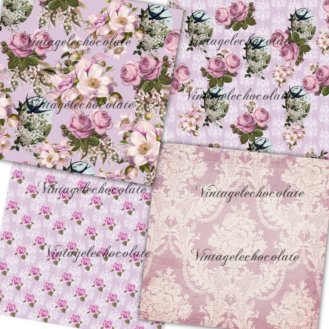 Lavender Floral Rose Scrapbook Paper Digital Pink Floral | Etsy