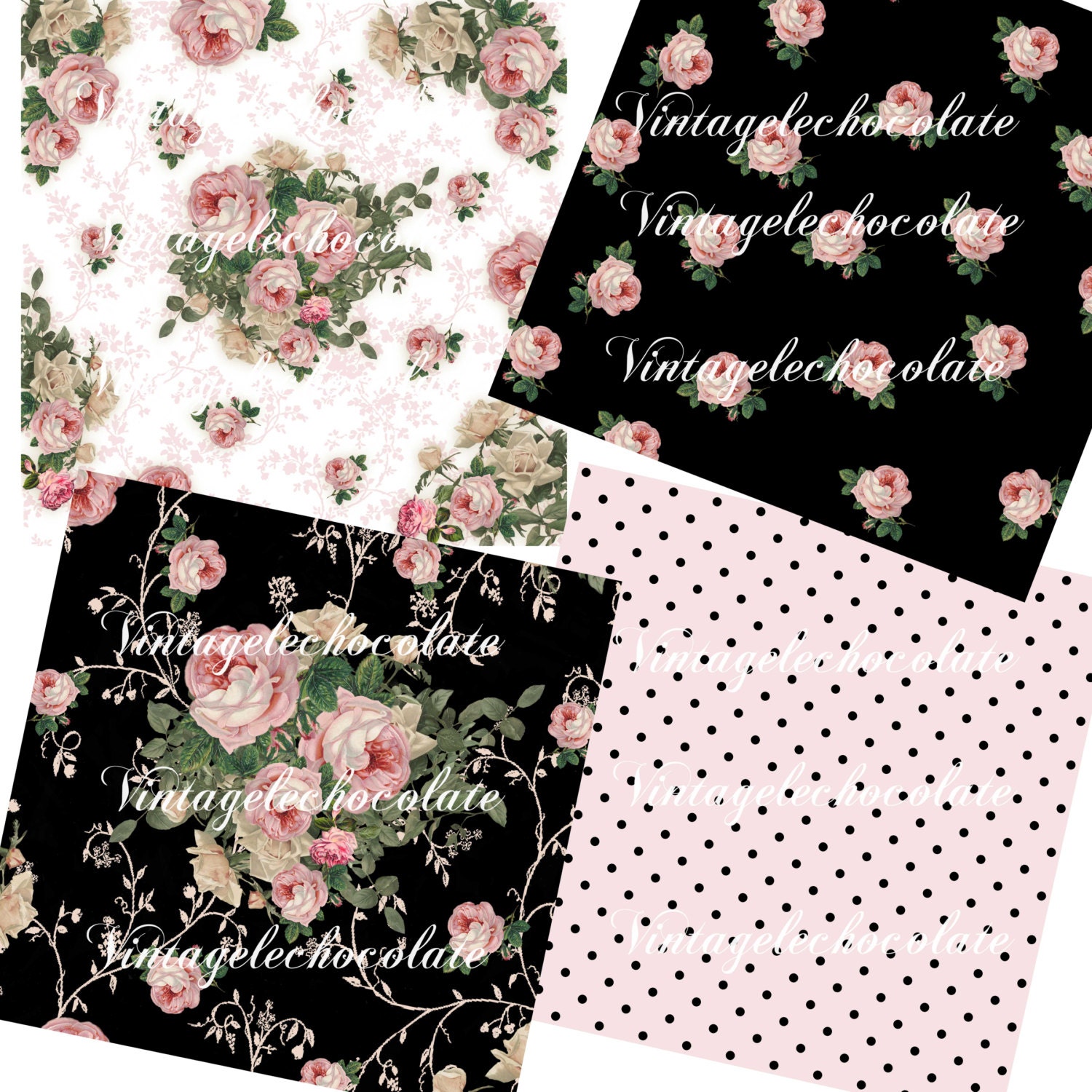 Digital Pink and Black Paper Floral Pink and Black Paper - Etsy