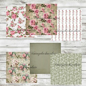 Pink Rose Digital Paper, Mint Green Digital Floral Paper, Pink and ...