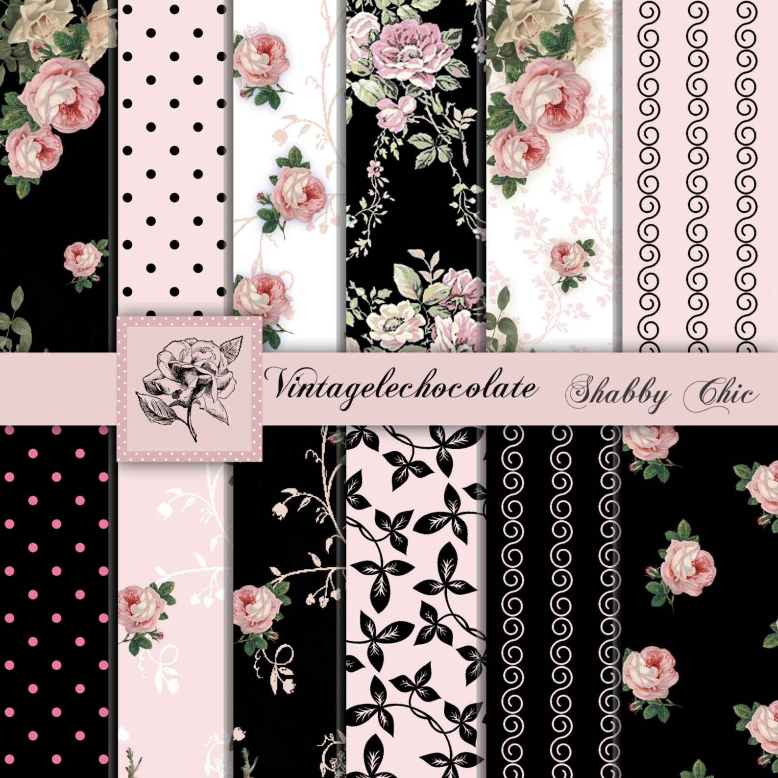 Digital Pink and Black Paper Floral Pink and Black Paper | Etsy