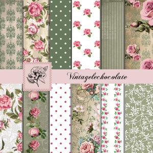 Pink Rose Digital Paper, Mint Green Digital Floral Paper, Pink and ...