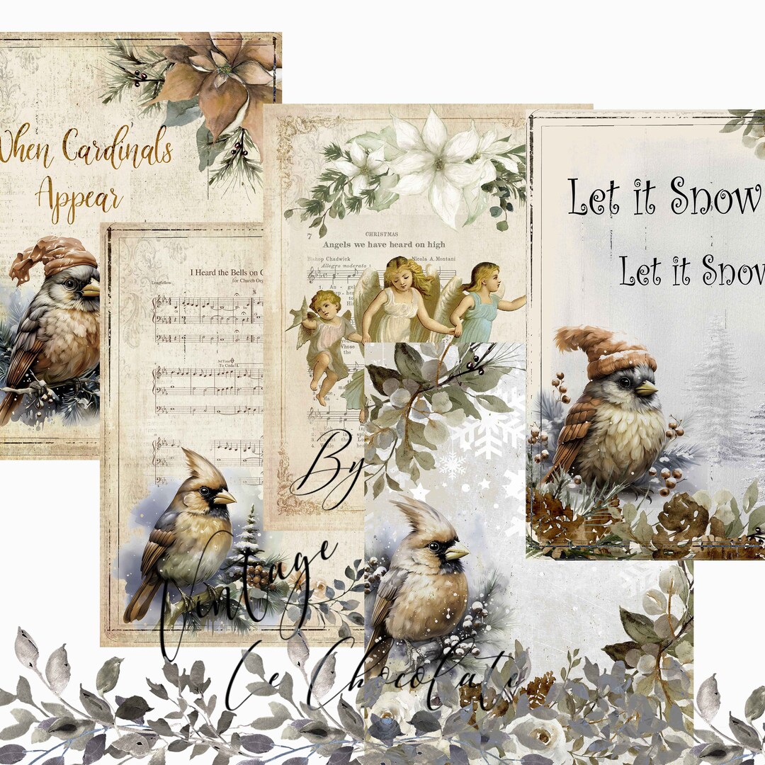 Christmas Cardinal Printable Paper, Journal Vintage Paper, Cardinal ...