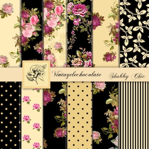 Yellow and Black Floral Paper, Digital Scrapbook Paper, Shabby Vintage ...