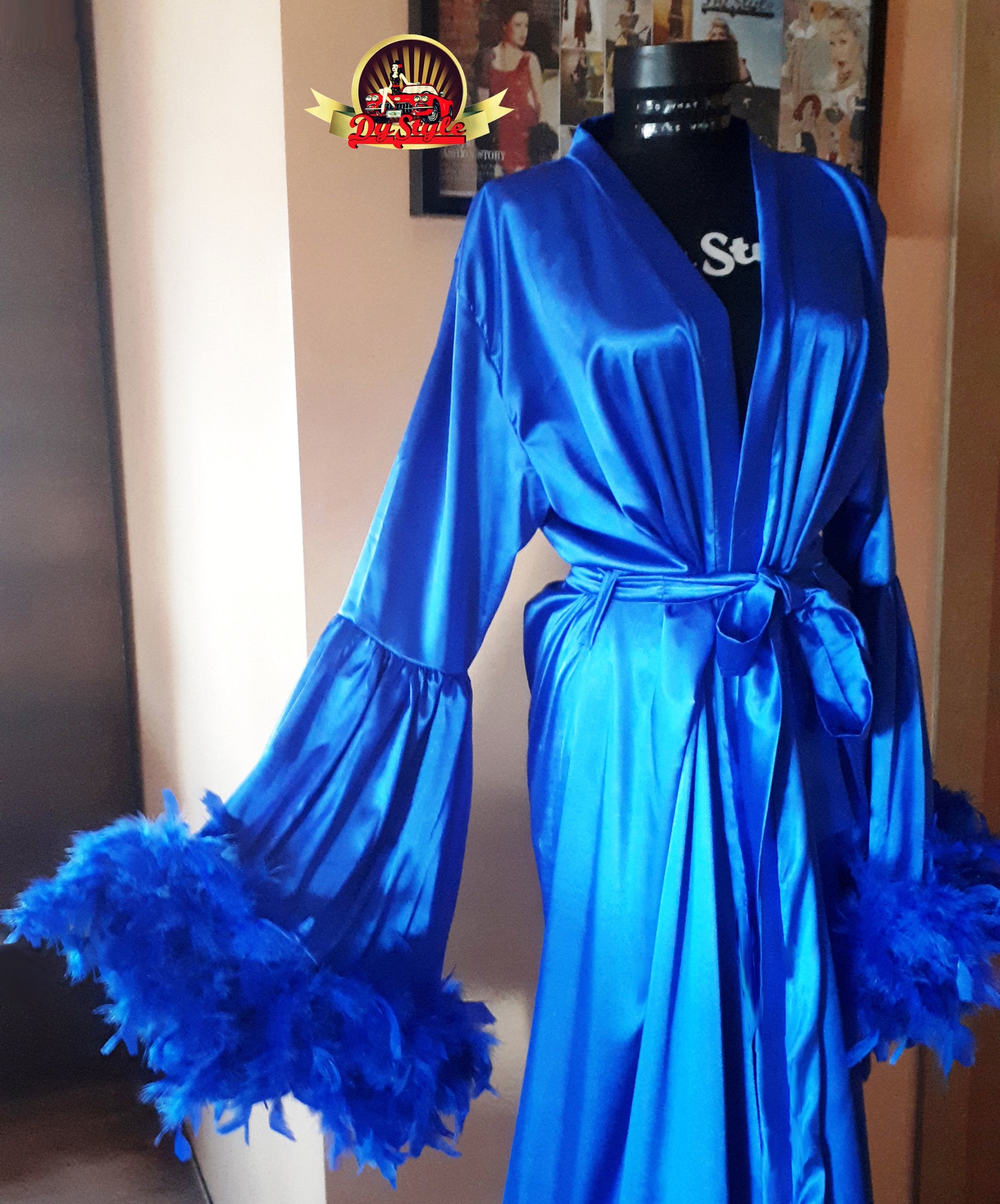 Blue Feathers Robe Satin Boa Dressing Gown Blue Custom Plus - Etsy